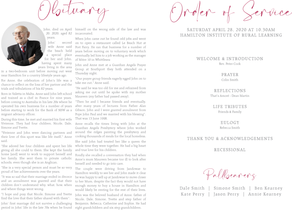 Service Sheets - F Greed & Sons Funerals