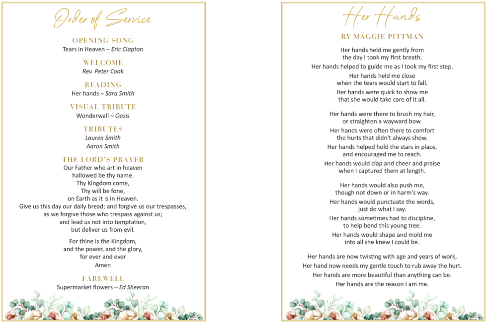 Service Sheets - F Greed & Sons Funerals