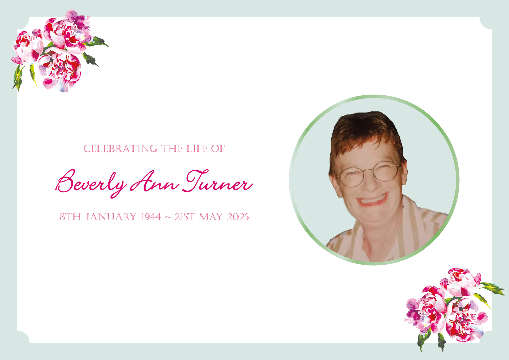 Memorial Tribute template - Beverley Turner - F Greed & Sons Funerals